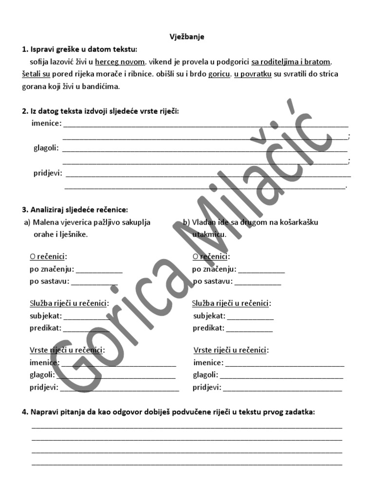 Imenice, Glagoli, Pridjevi, Vježbanje 2 | PDF