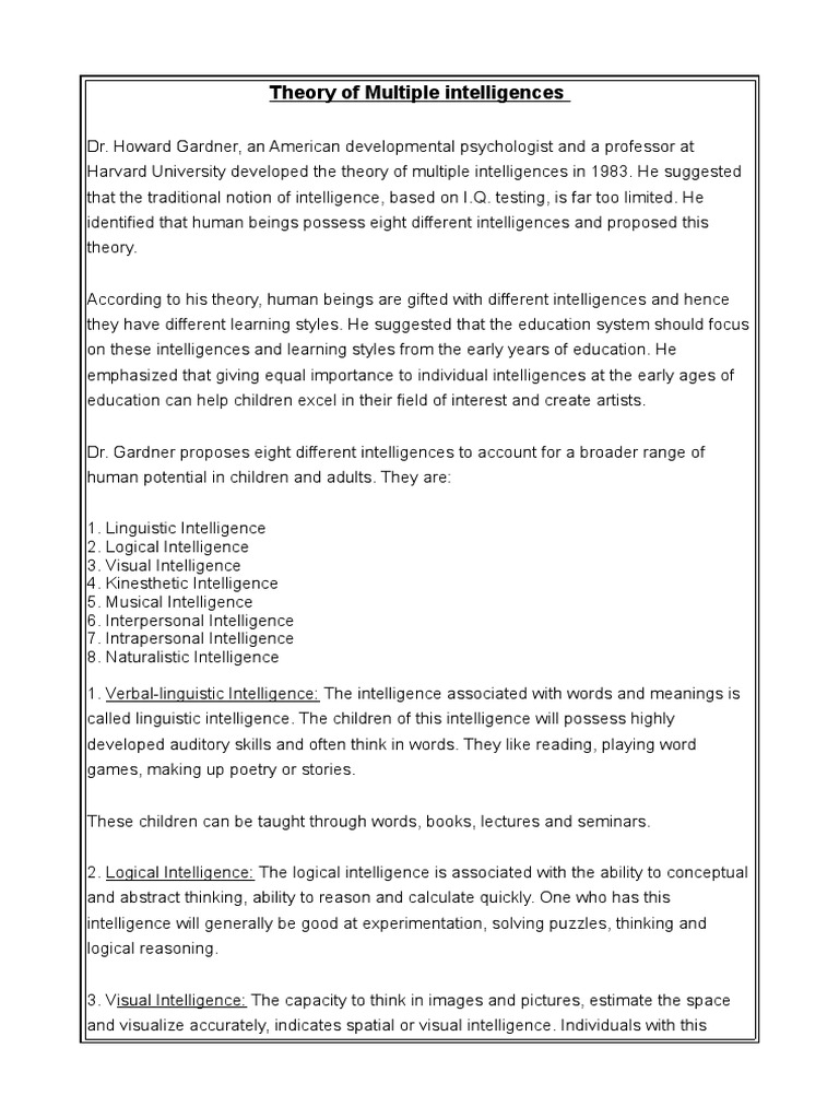 Theory of Multiple Intelligences | PDF | Intelligence ...