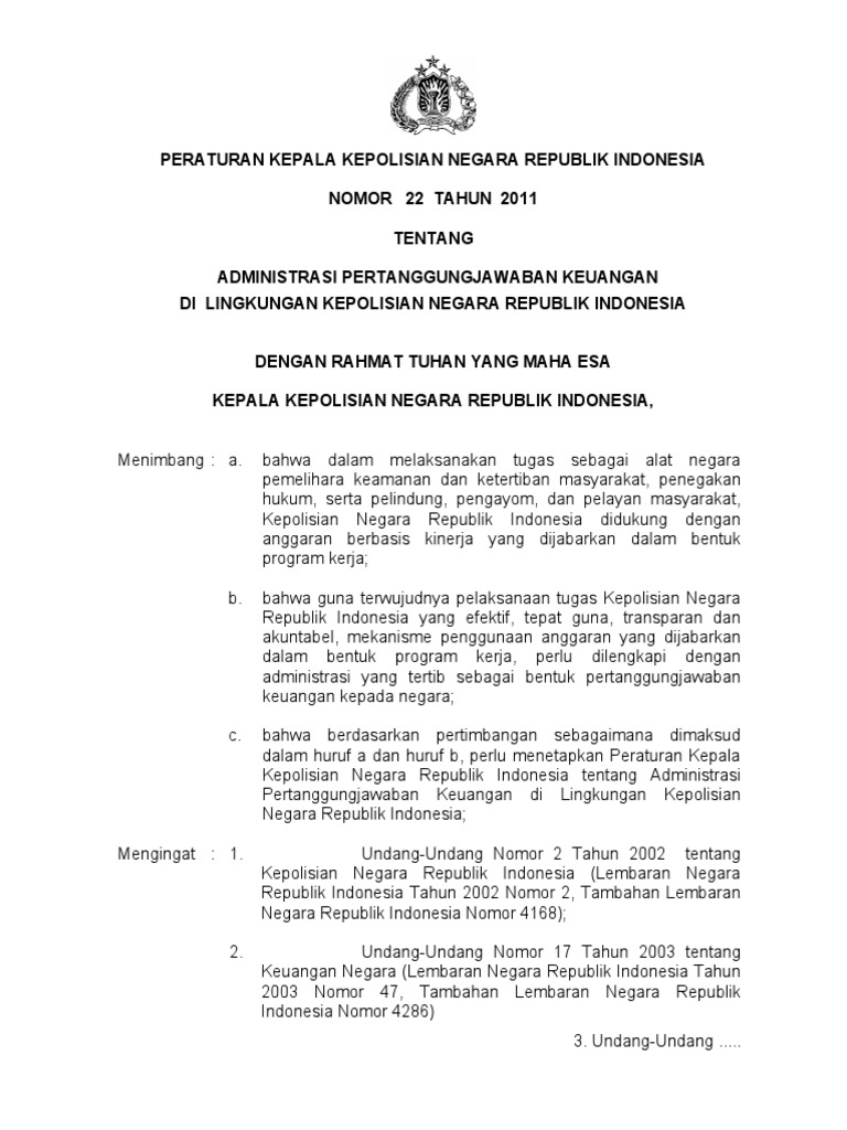 Perkap No 22 Tahun 2011 TTG Perwabkeu Po | PDF