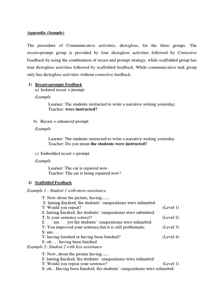 Appendix (Sample) : A) Isolated Recast + Prompt Example | PDF | Cakes ...