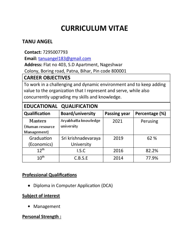Curriculum Vitae: Tanu Angel | PDF