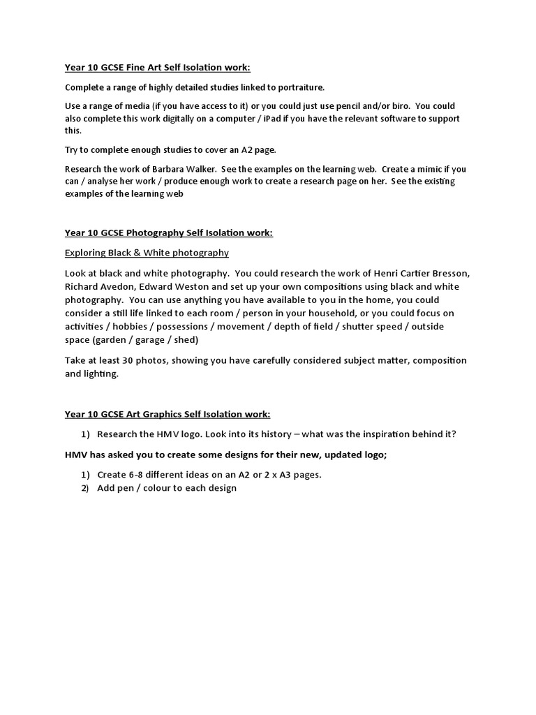 Year 10 GCSE Tasks | PDF | Art