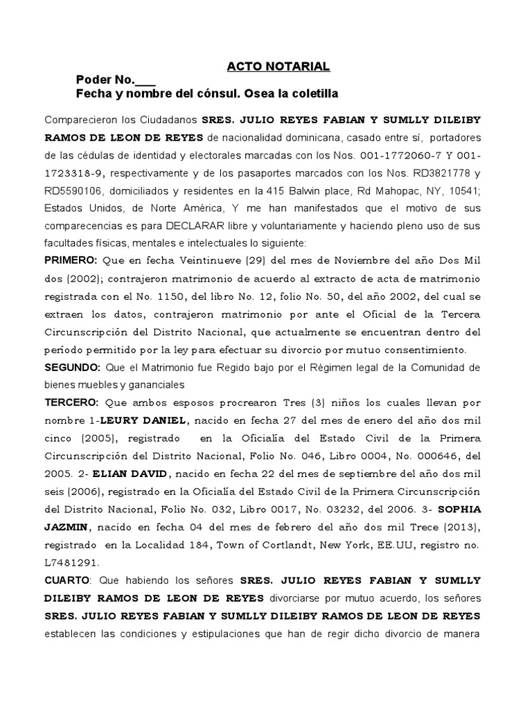 ACTO NOTARIAL Sumlly Ramos Poder de Representacion | PDF | Divorcio ...