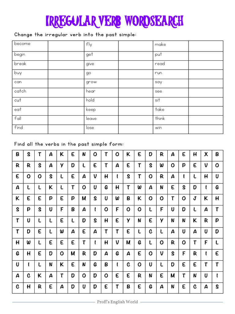 Irregular Verb Wordsearch: Proff's English World | PDF | Linguistic ...