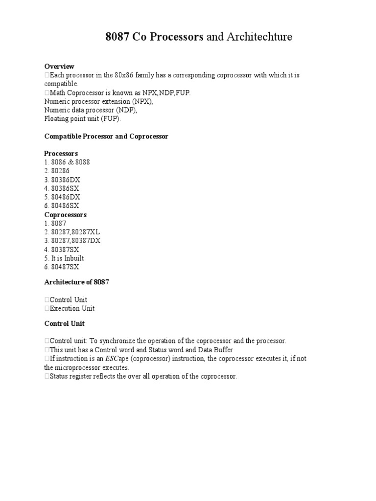 8087 Co Processors and Architechture | PDF | Rounding | Microprocessor