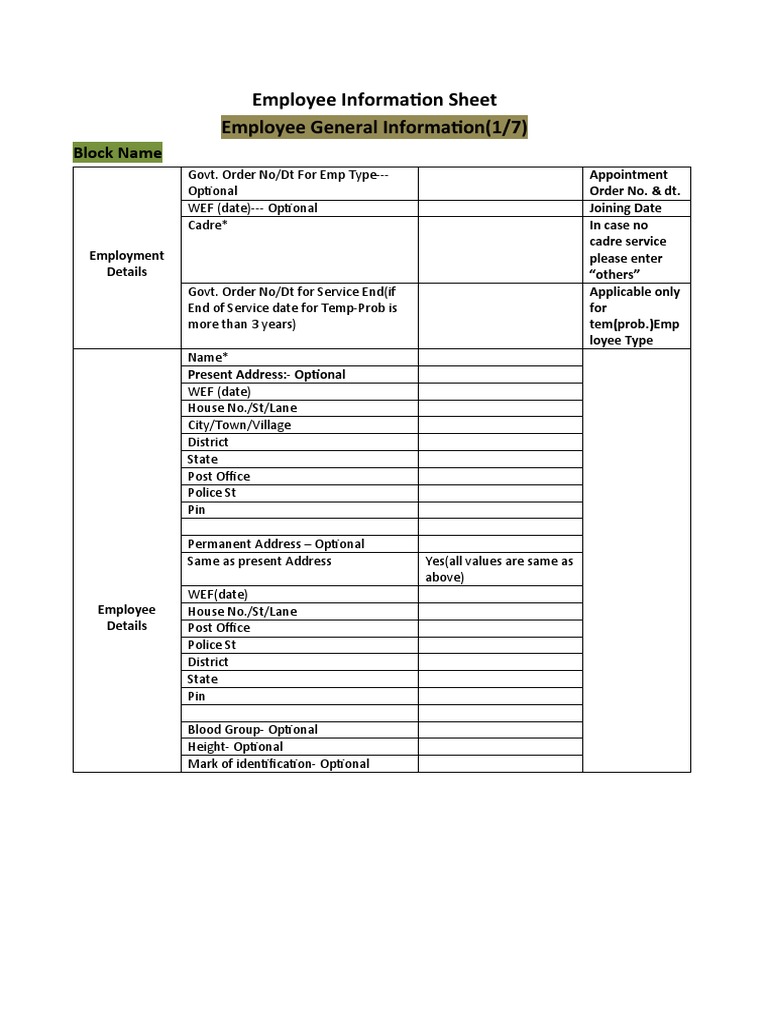 Employee Information Sheet Employee General Information (1/7) | PDF