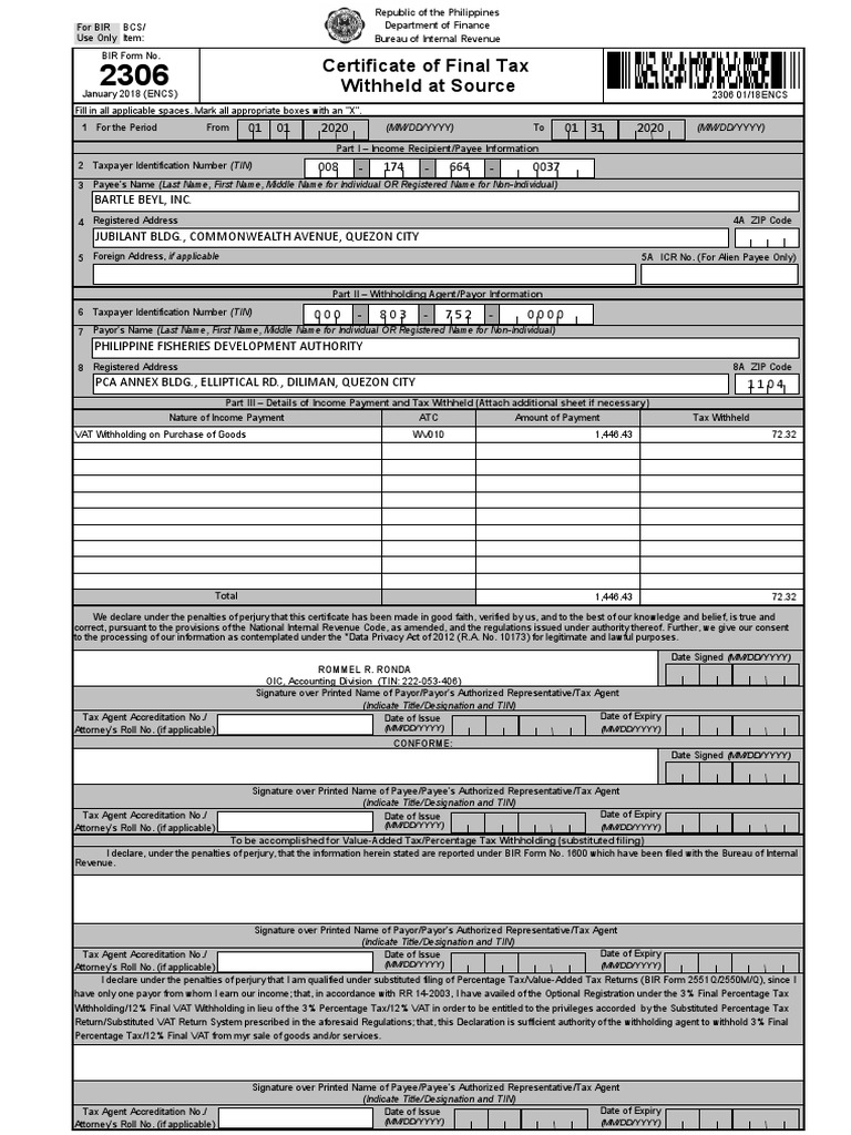 Bartle Beyl, Inc - Kfc. 2306 | PDF | Withholding Tax | Payments