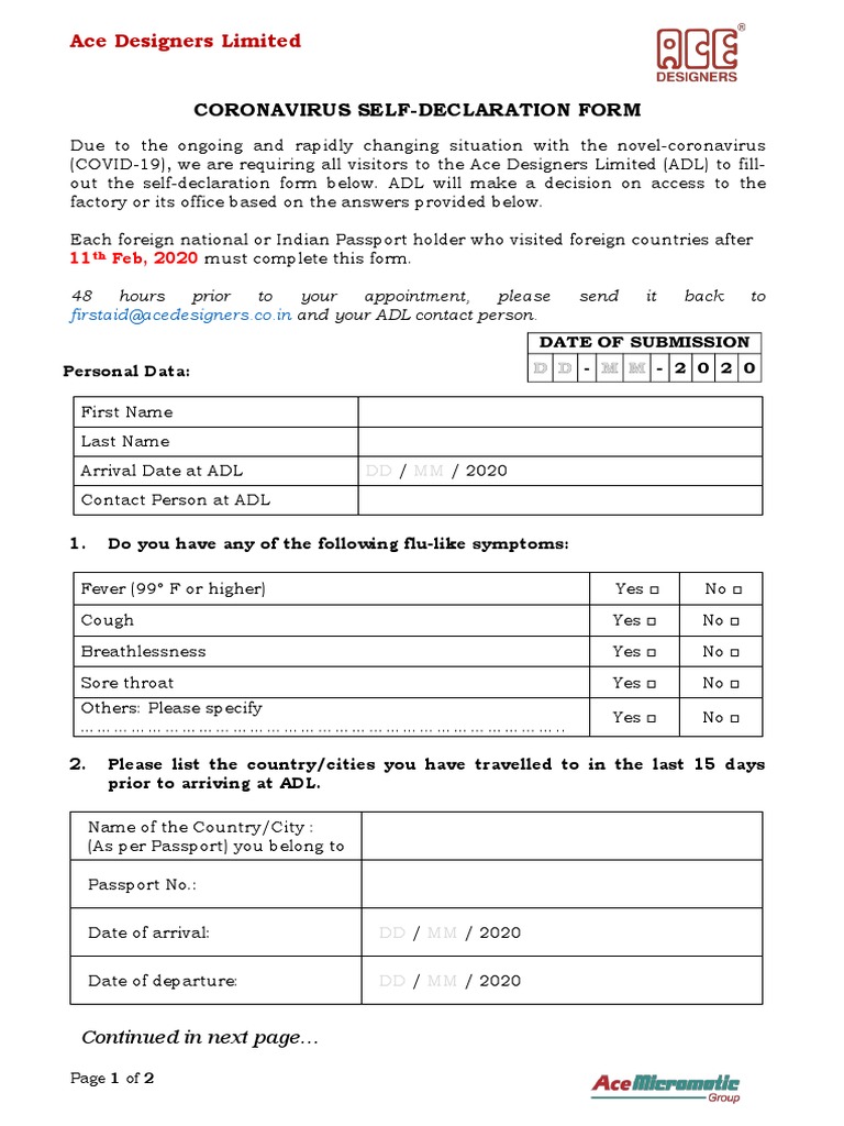 Coronavirus Self-Declaration Form | PDF | Public Health | Diseases And Disorders