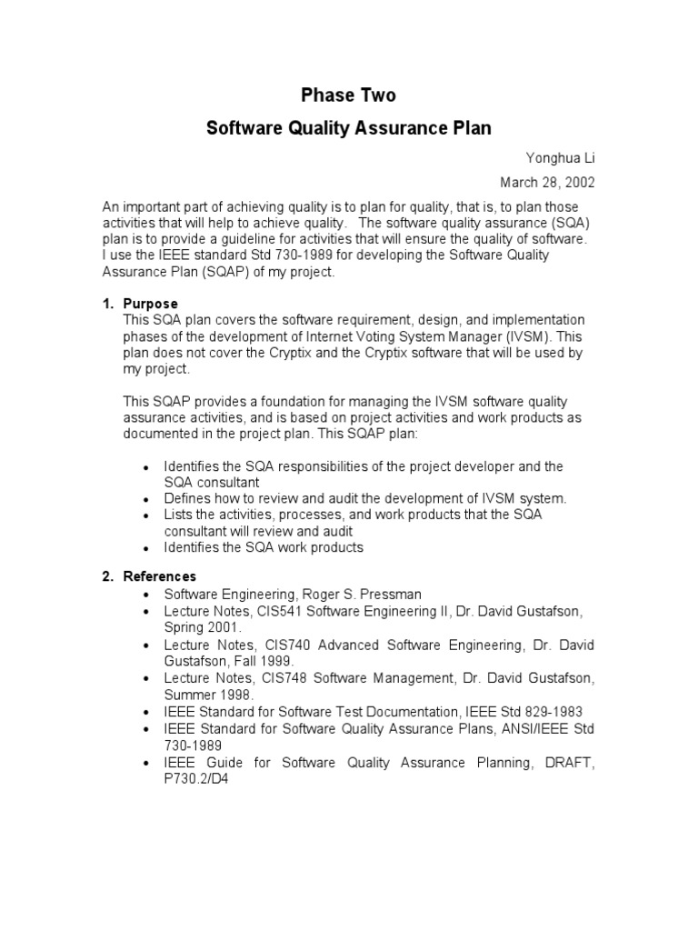 Phase Two Software Quality Assurance Plan: 1. Purpose | PDF | Software ...