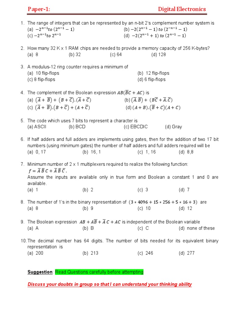 Multiple Choice Questions on Digital Electronics Concepts Including Number Systems, Memory ...