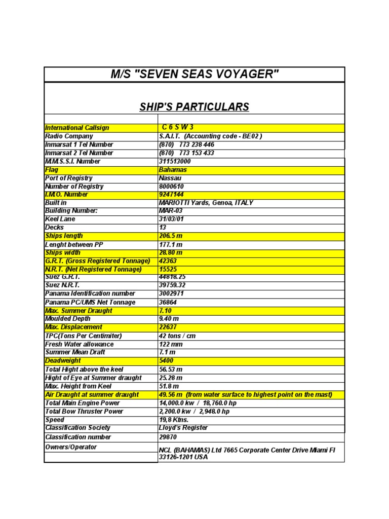 Seven Seas Voyager Ship Specifications | PDF | Tonnage | Shipbuilding