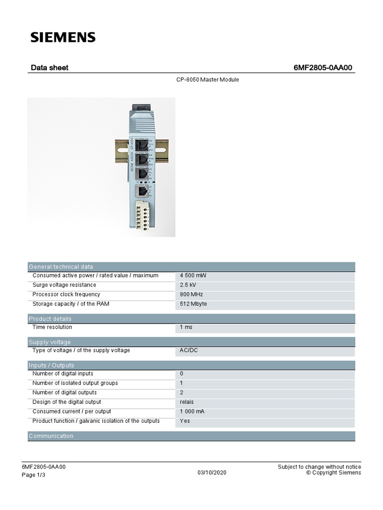 Data Sheet 6MF2805-0AA00 | PDF | Input/Output | Electrical Engineering