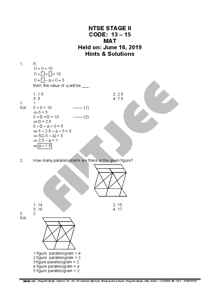 NTSE 2019 Stage 2 MAT Question Paper | PDF | Teaching Mathematics