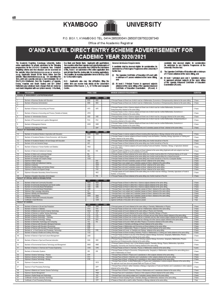 Kyambogo University O and A Level Direct Entry Scheme Advert 2020-2021 ...