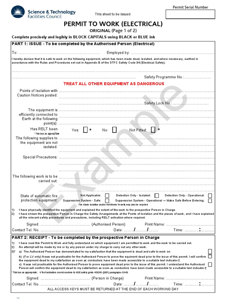 Electrical Work Permit Example | PDF | Safety