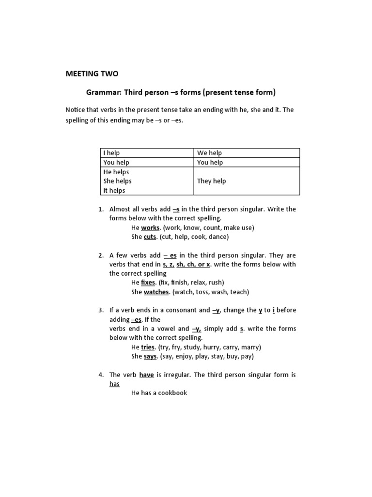 Meeting Two Grammar: Third Person - S Forms (Present Tense Form) | PDF | Syntactic Relationships ...