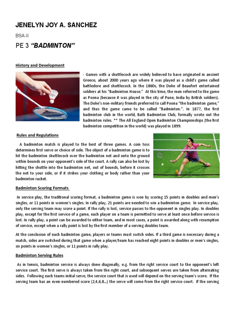 Pe 3 "Badminton": Jenelyn Joy A. Sanchez | PDF | Summer Sports ...