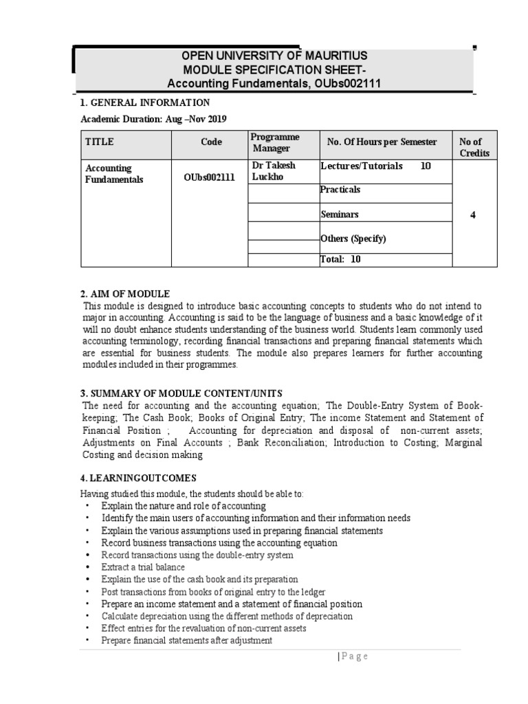 Open University of Mauritius Module Specification Sheet-Accounting ...