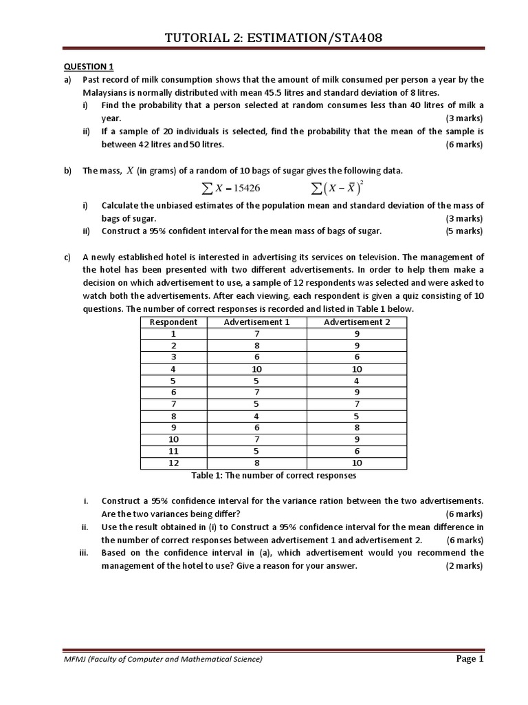 Tutorial 2 - Question | PDF | Confidence Interval | Standard Deviation