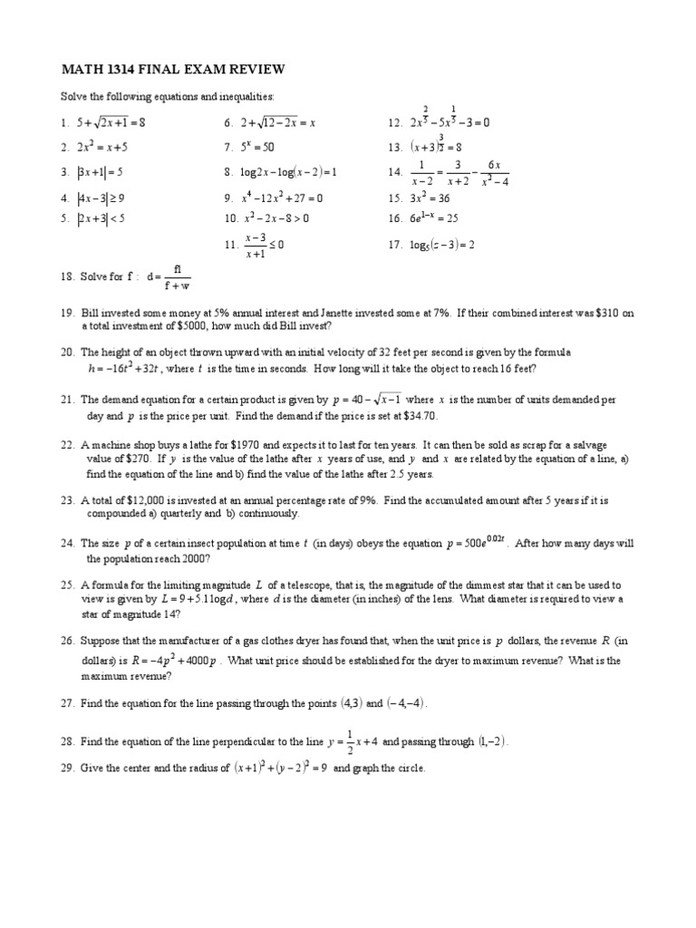 MATH 1314 Final Exam Review Guide | PDF | Matrix (Mathematics ...