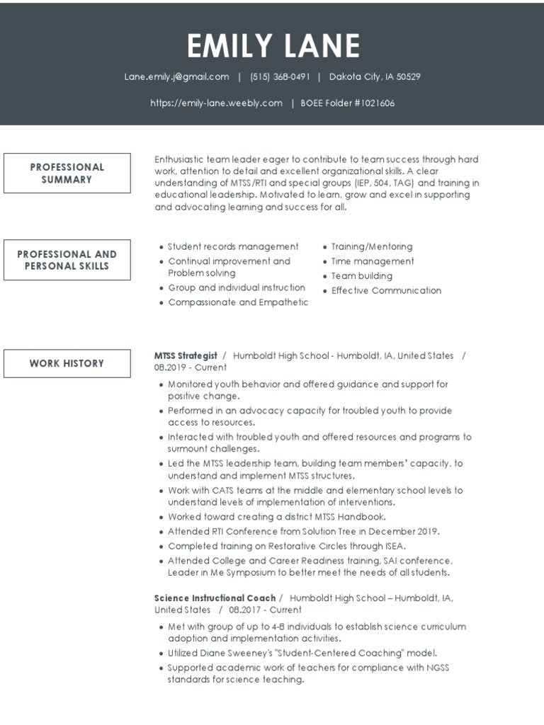Emily Lane Resume | PDF | Science Education | Teachers