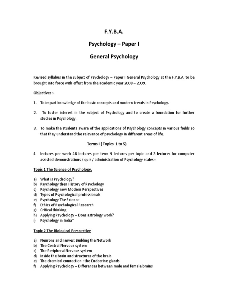 F.Y.B.A. Psychology Paper - I - General Psychology (Mar) - Rev | PDF ...