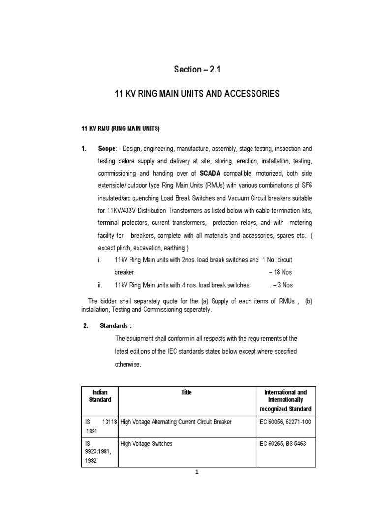 11kV Ring Main Unit Specifications | PDF | Switch | Transformer