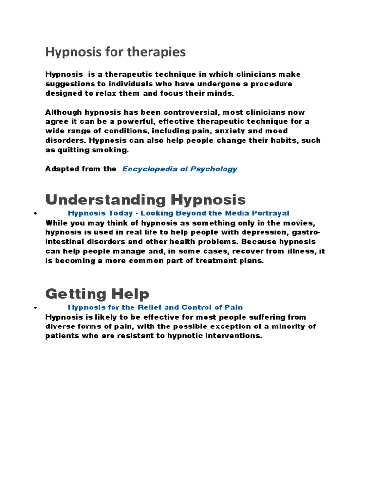 Hypnosis For Therapies | PDF | Hypnosis | Mental Disorder