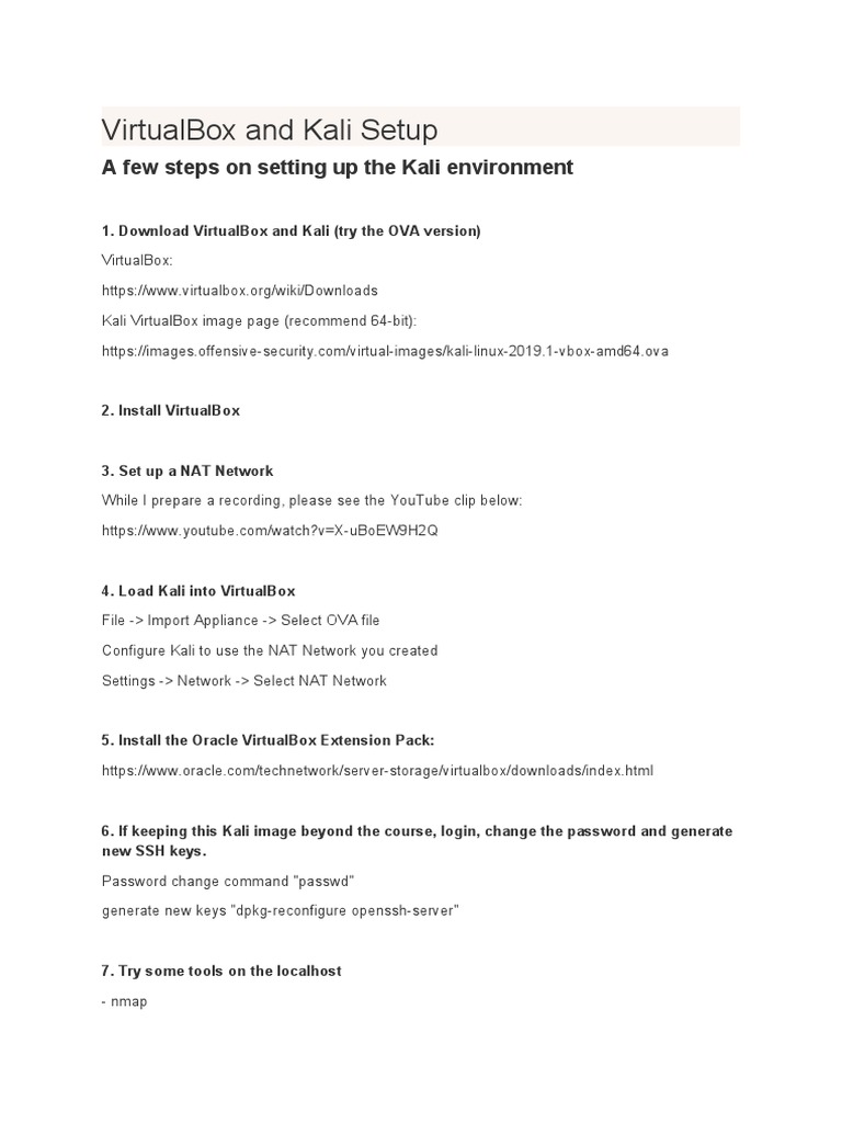 Kali Linux Setup in VirtualBox Guide | PDF