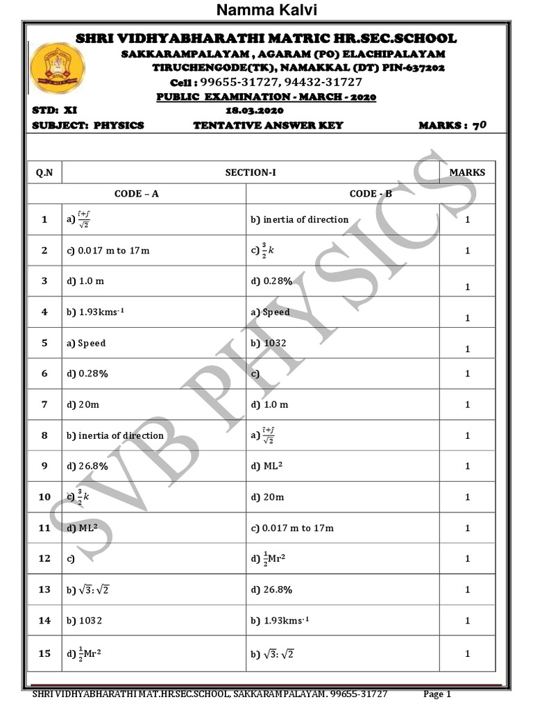 Namma Kalvi 11th Physics Public Exam 2020 Answer Key em 218062 | PDF ...