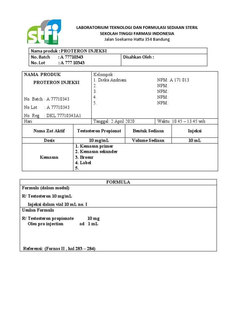 Formulasi Injeksi Testosteron Propionat | PDF