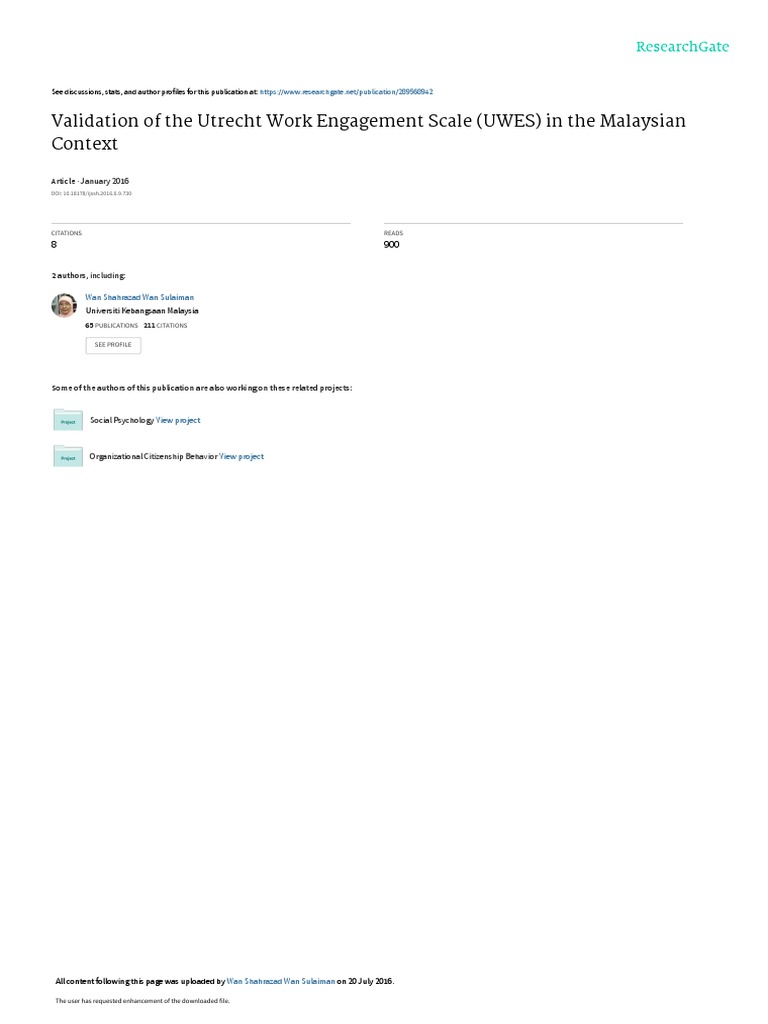 Validation of The Utrecht Work Engagement Scale UW PDF | PDF | Factor ...