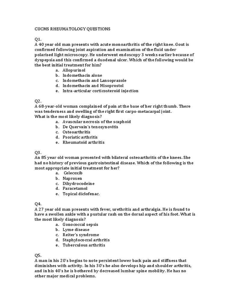 Cucms Rheumatology Questions PDF | PDF | Rheumatoid Arthritis | Arthritis