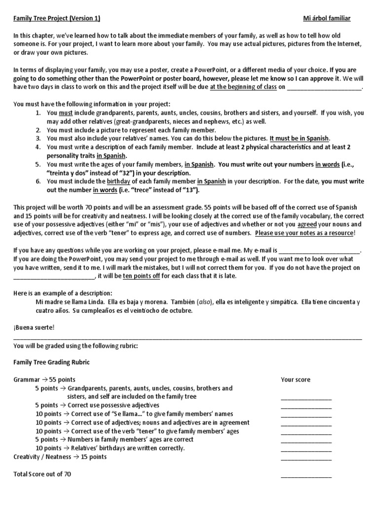 Family Tree Project - 2 Versions With Rubrics | PDF | Adjective ...