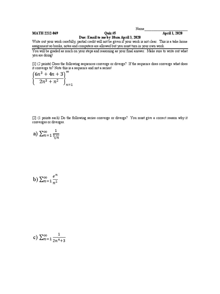MATH 2212-069 Quiz #5 April 1, 2020 Due: Email To Me by 10am April 3 ...