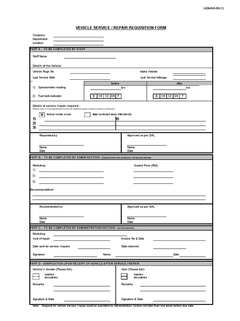 Vehicle Service / Repair Requisition Form: Normal / Routine Service ...