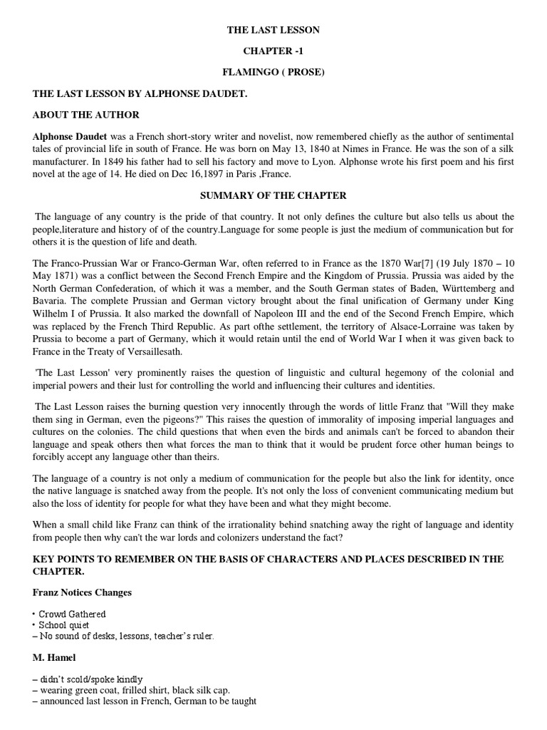 The Last Lesson Chapter 1 Flamingo | PDF | Franco Prussian War | Prussia
