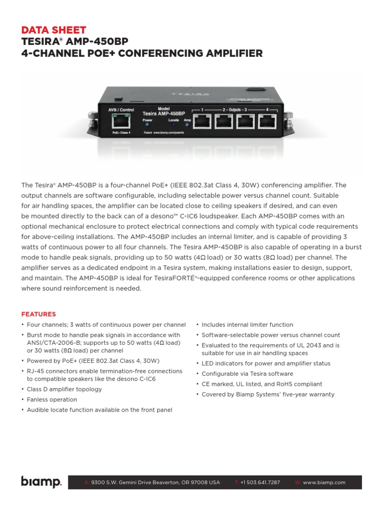 Biamp Data Sheet Tesira Amp-450bp Jul19 | PDF | Loudspeaker | Amplifier