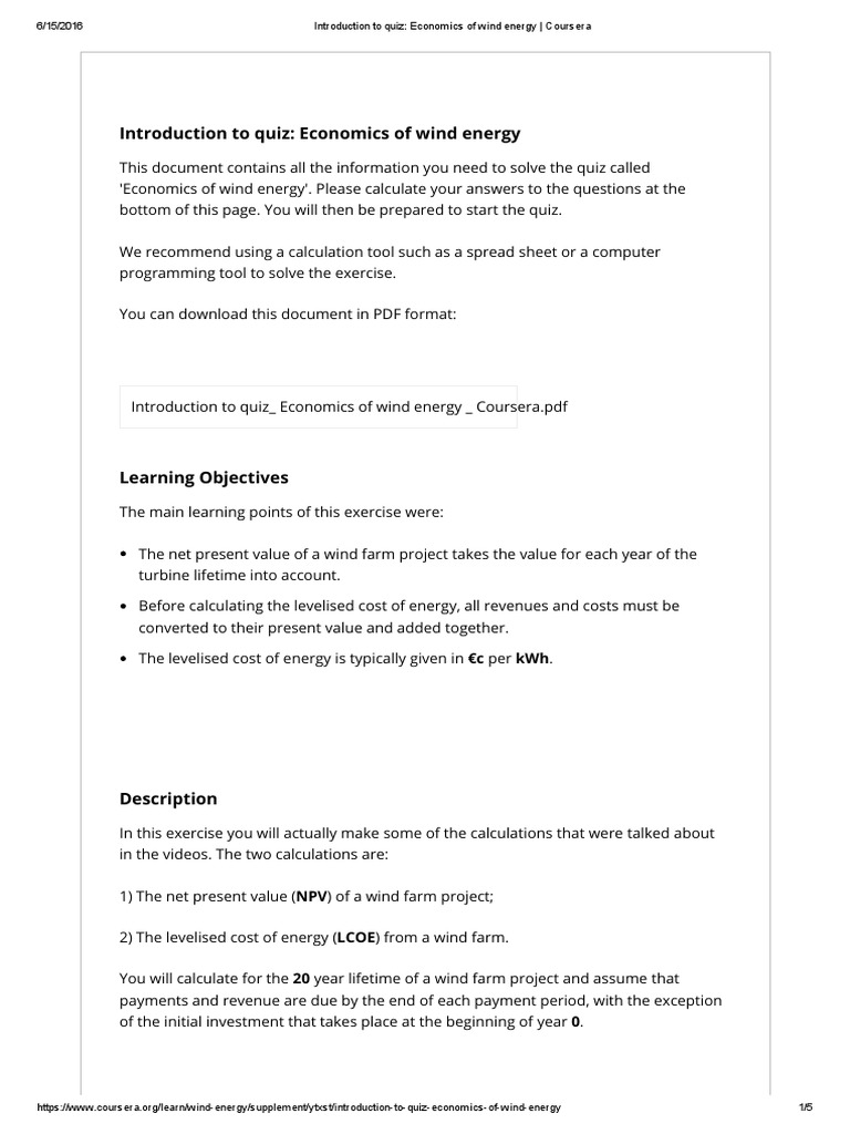 Introduction To Quiz: Economics of Wind Energy | PDF | Net Present ...