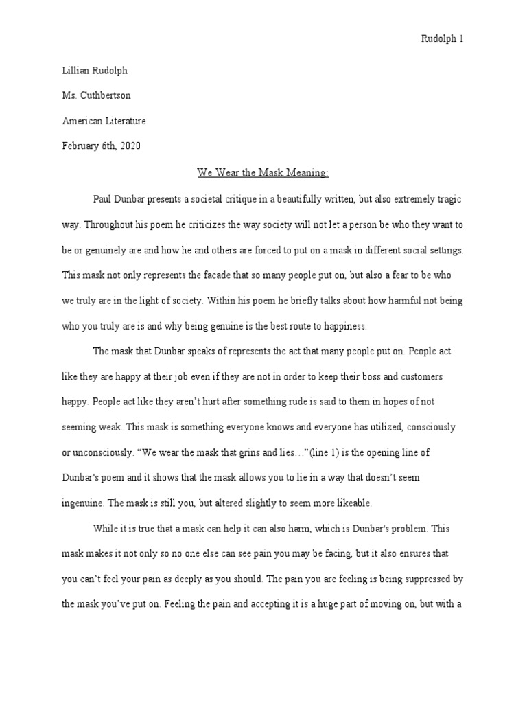 We Wear The Mask Short Constructed Response - Lillian Rudolph | PDF