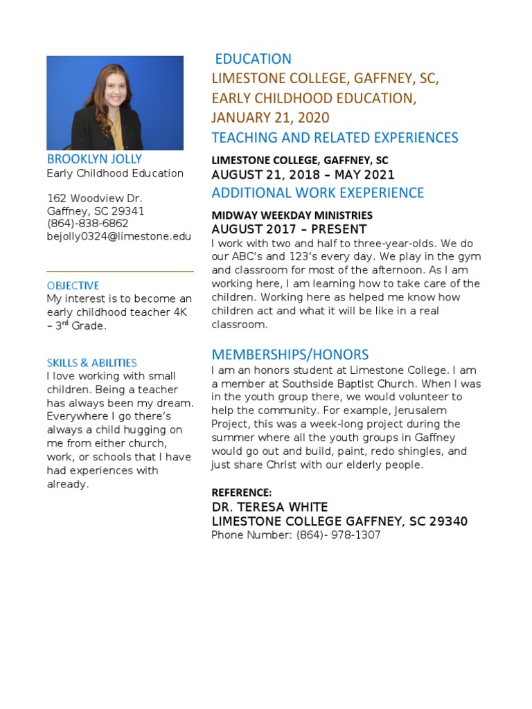 Limestone College, Gaffney, SC, Early Childhood Education, JANUARY 21 ...