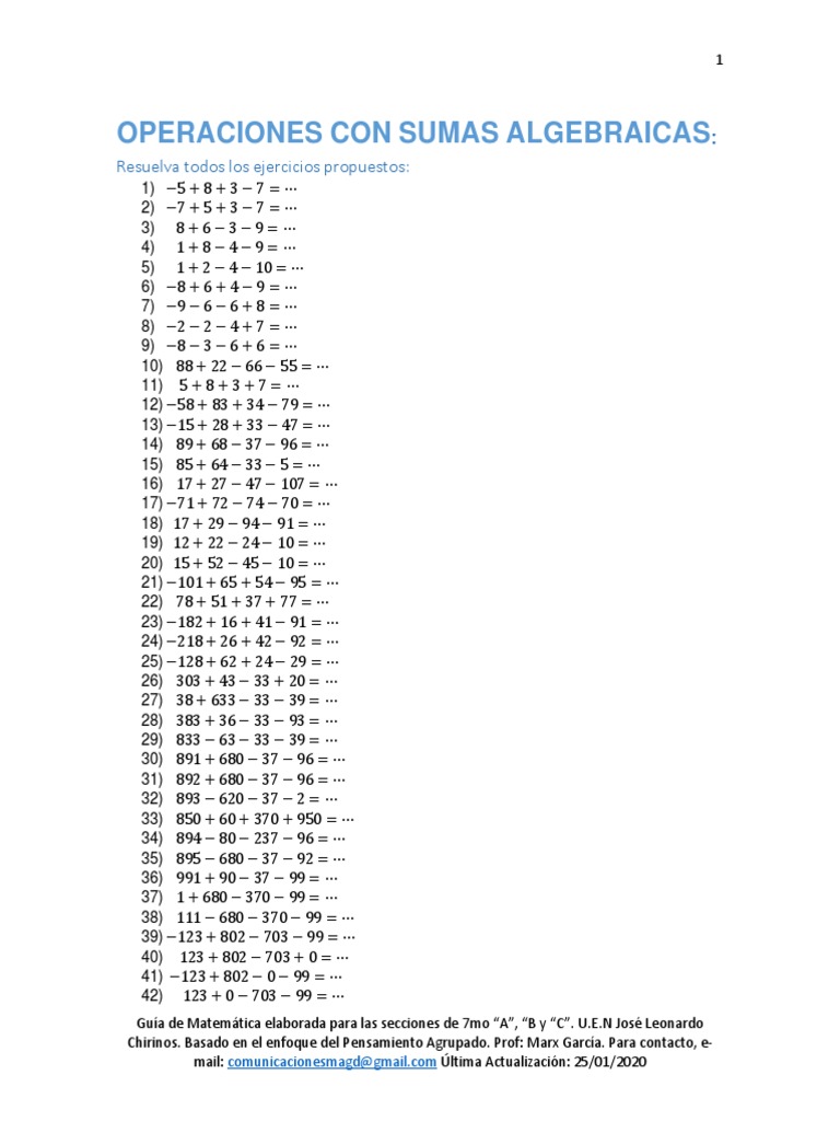 1era GUIA DE EJERCICIOS SUMA ALGEBRAICA PDF | PDF | Matemática ...