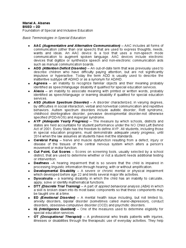 Basic Terminologies in Special Education: Mariel A. Abanes Bsed - 2D ...