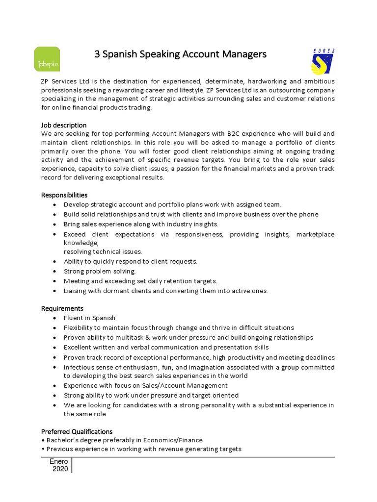 3 Spanish Speaking Account Managers: Enero 2020 | PDF | Sales | Employment