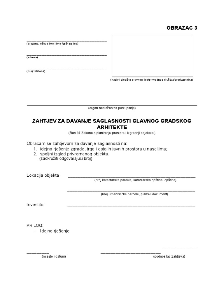 Zahtjev Za Davanje Saglasnosti Glavnog Gradskog Arhitekte - Obrazac 3 | PDF