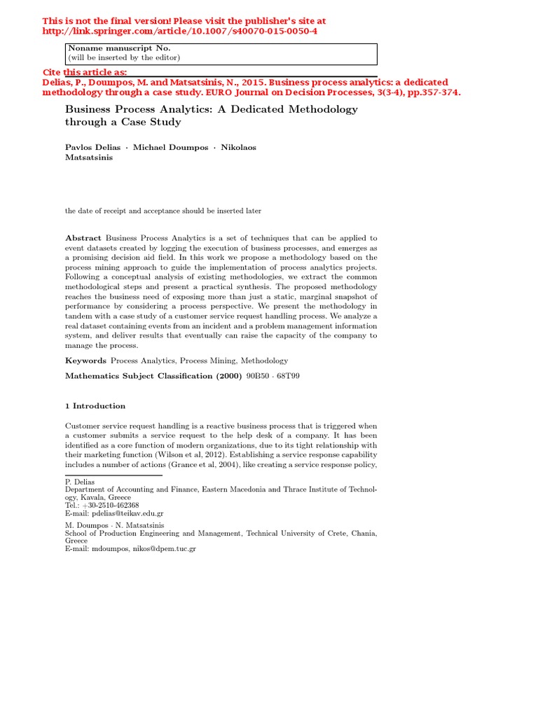 Business Process Analytics A Dedicated Methodology Through A Case Study ...