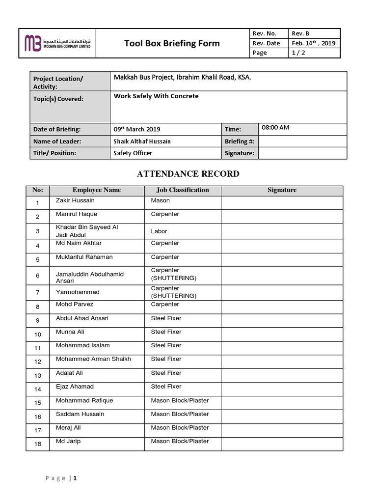Tool Box Briefing Form1 | PDF