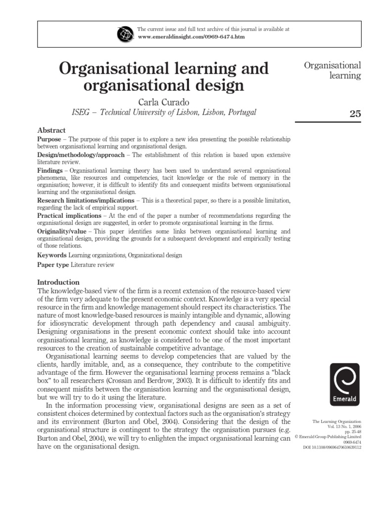 Organisational Learning and Organisational Design | PDF | Strategic ...