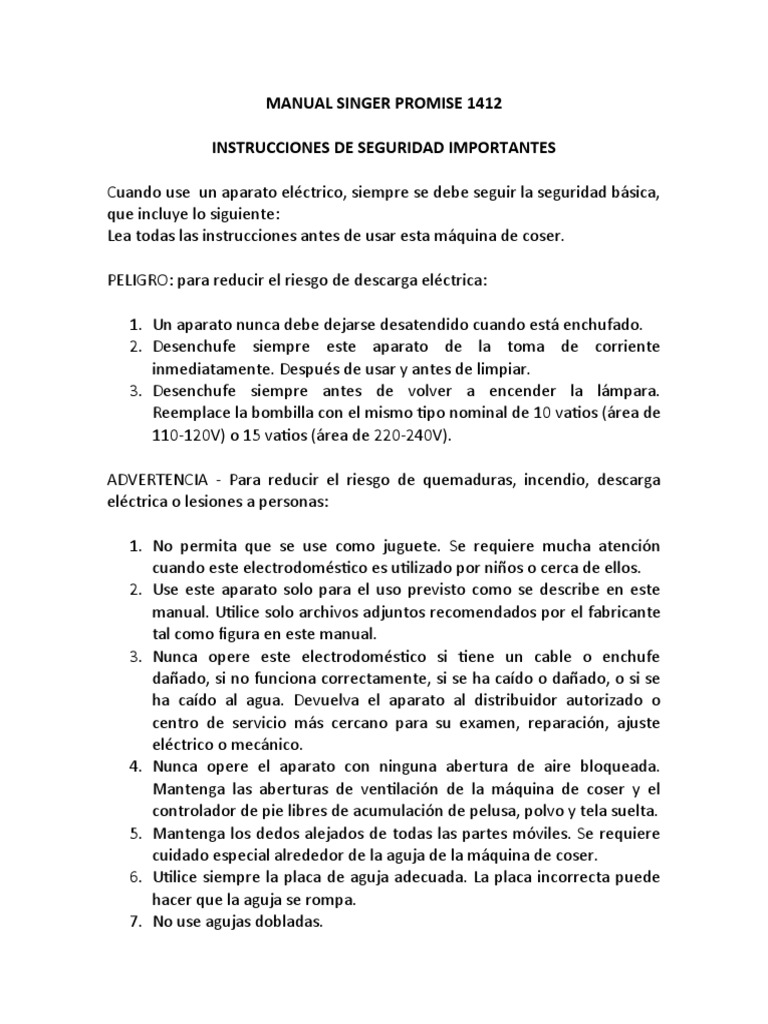 Manual Singer Promise 1412 | PDF | Máquina de coser | Enchufes y tomas ...