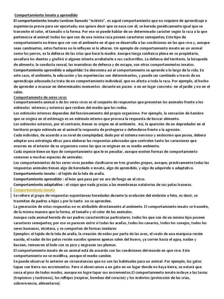 Comportamiento Innato y Aprendido | PDF | Comportamiento | Organismos